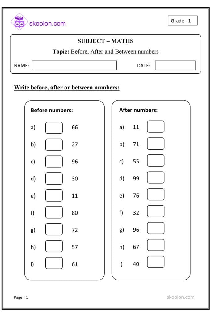 Before After Between Numbers - skoolon.com Before After Between Numbers - skoolon.com