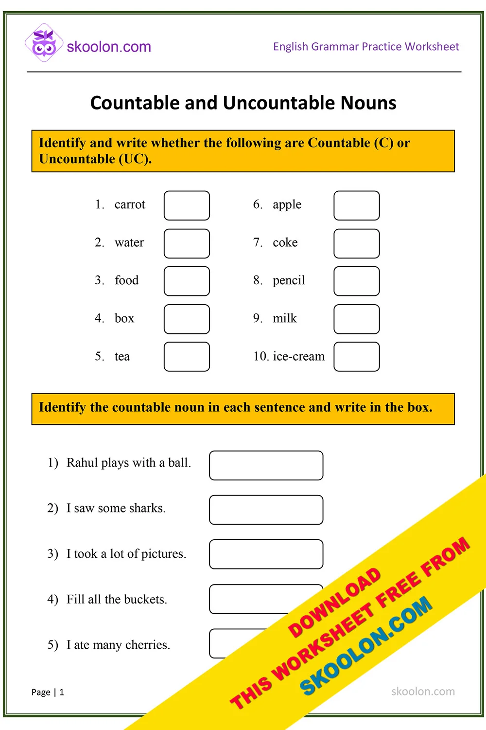 Countable And Uncountable Nouns Worksheet For Grade 1
