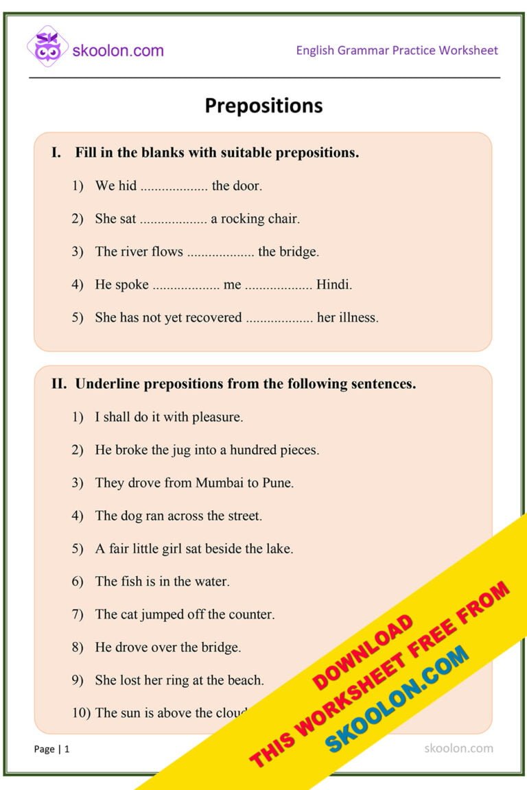 Prepositions Worksheet-8 - skoolon.com