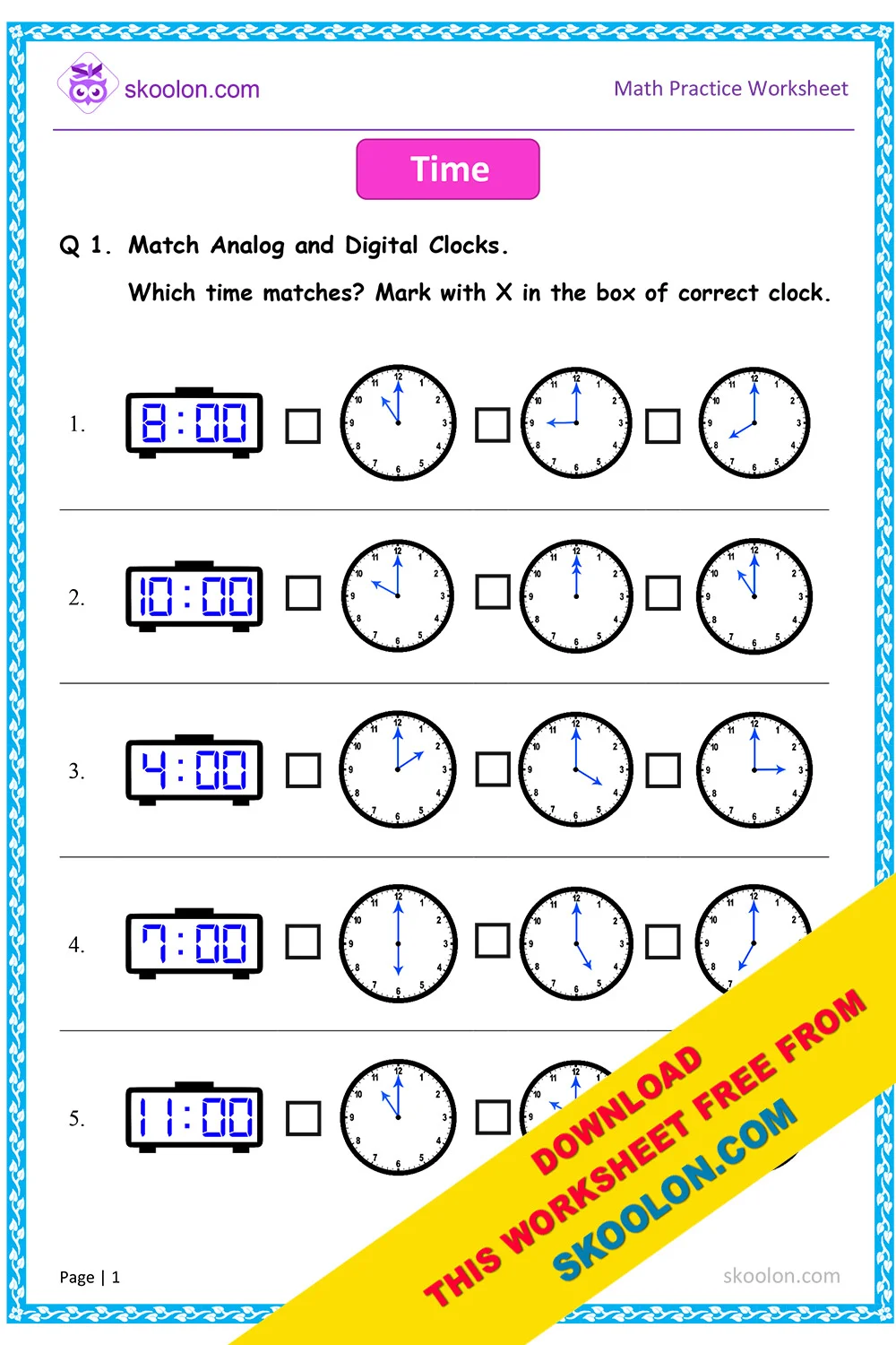 Analogue Clocks Worksheet Time Worksheet 2 Skoolon.com