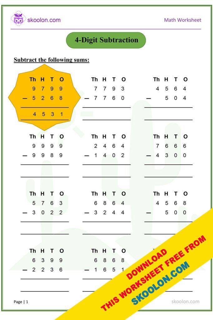 4 Digit Subtraction Skoolon