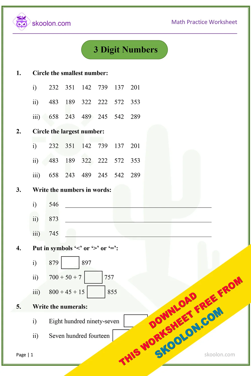 Number 3 Math Grade 3 Test 1 (Numeration & Number Concepts)