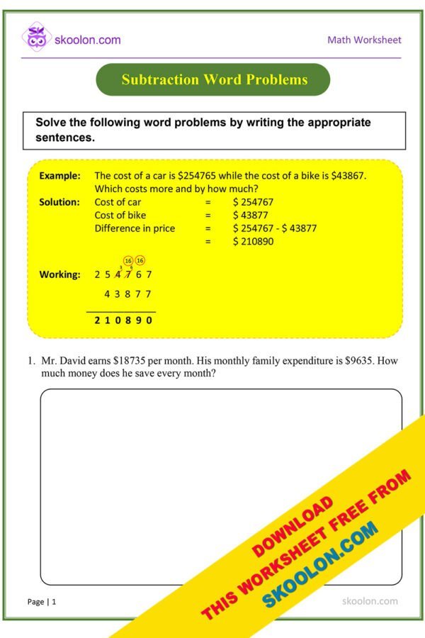 Subtraction Word Problems Skoolon