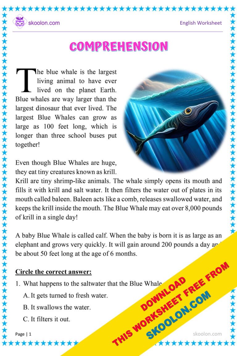 Reading Comprehension - Blue Whale - skoolon.com Reading Comprehension - Blue Whale - skoolon.com