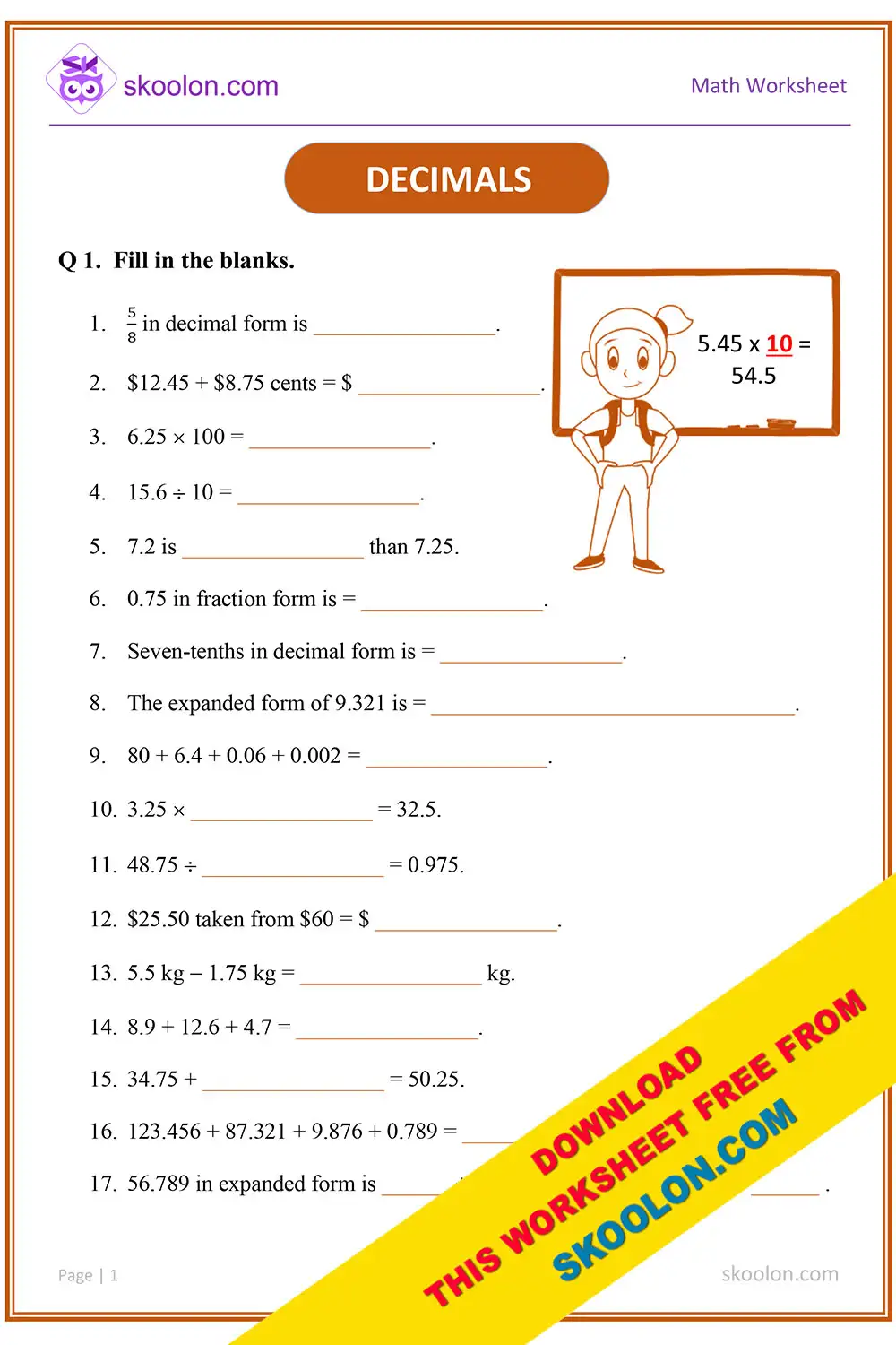 Decimals Worksheet 3 Skoolon