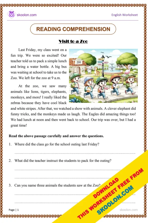 Reading Comprehension Visit To A Zoo Skoolon